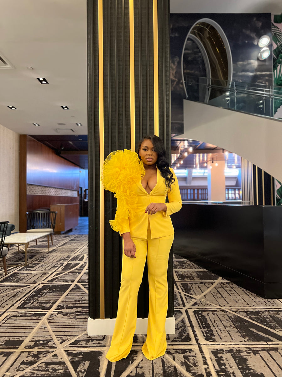 Custom Yellow Tulle Shoulder Power Suit – Oyemwen